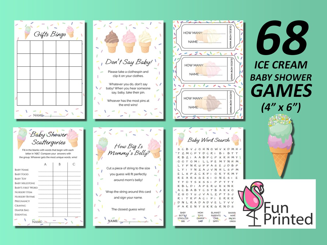 68 Ice Cream Baby Shower Games (4" X 6"), Baby Shower Game, Download ...