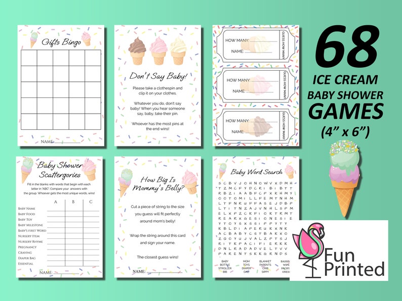 68 Ice Cream Baby Shower Games (4" X 6"), Baby Shower Game, Download ...