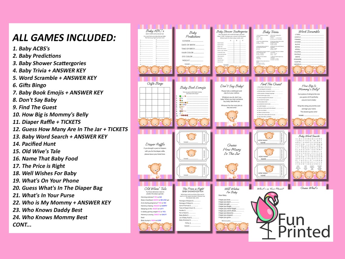 68 Pink Teddy Baby Shower Games Bundle, Boy Teddy Baby Shower Game Any ...