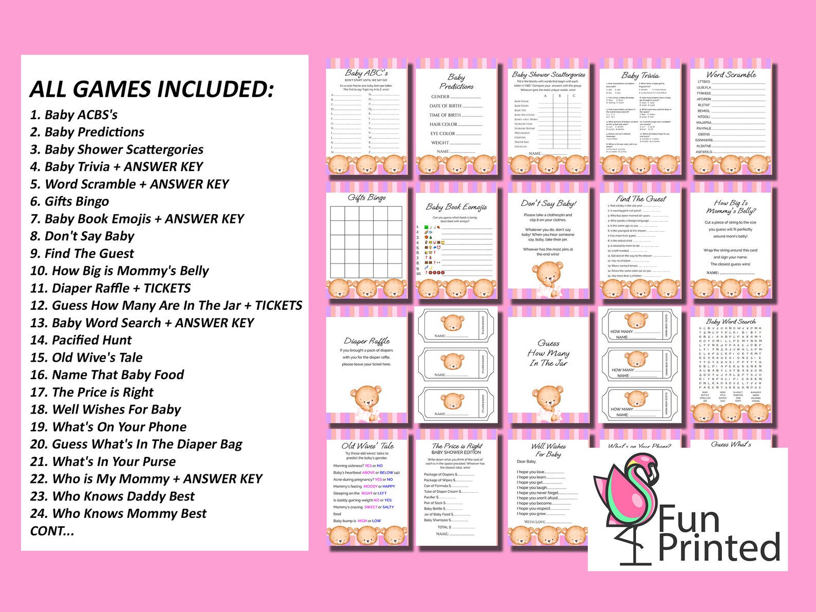 68 Pink Teddy Baby Shower Games Bundle, Boy Teddy Baby Shower Game Any ...