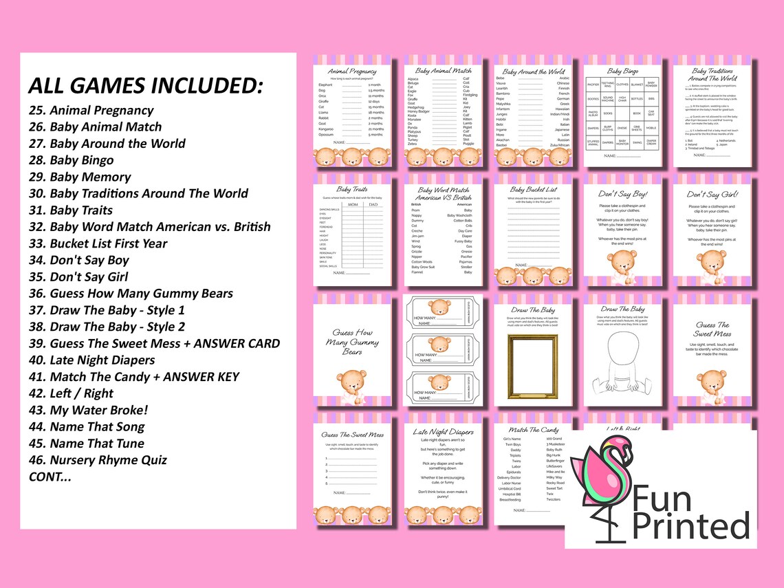 68 Pink Teddy Baby Shower Games Bundle, Boy Teddy Baby Shower Game Any ...