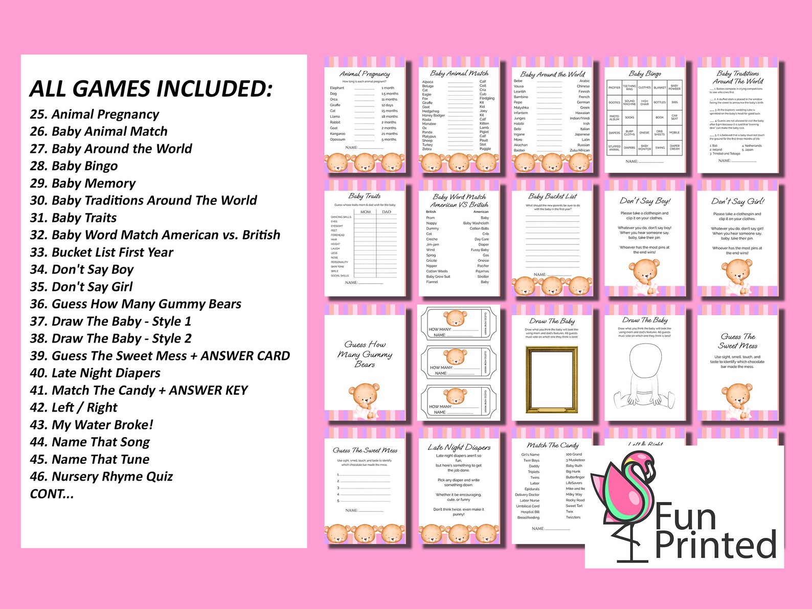 68 Pink Teddy Baby Shower Games Bundle, Boy Teddy Baby Shower Game Any ...