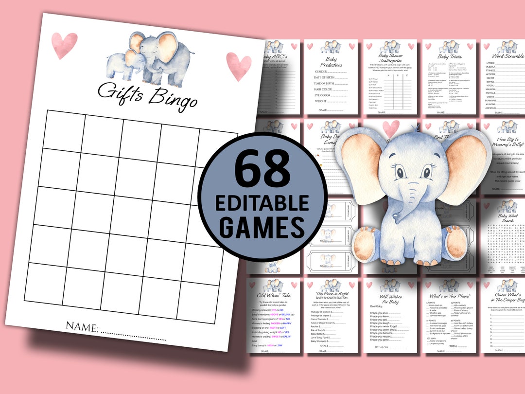 Elephant Baby Shower Games Bundle, 68 Printable Games (digital Download ...