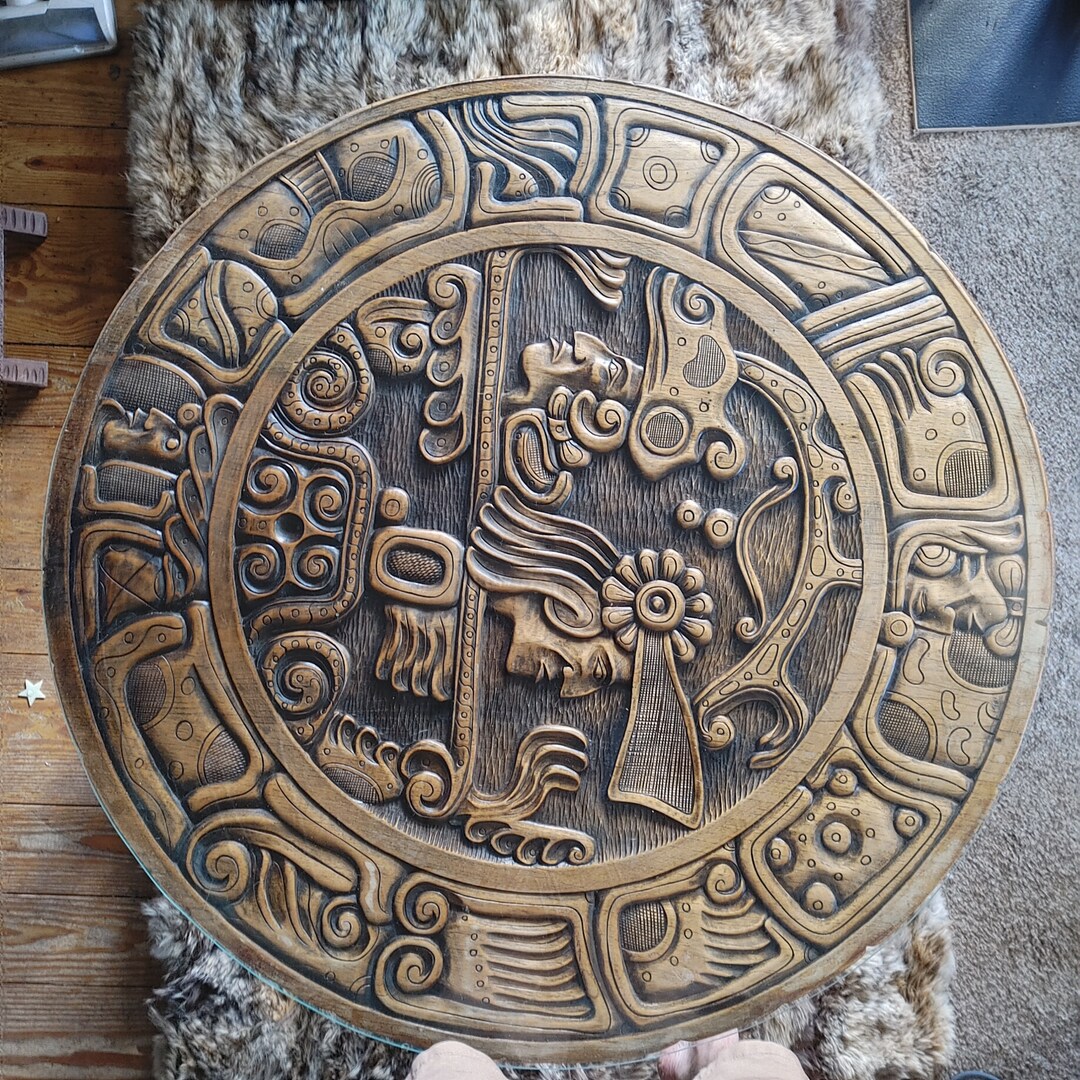 Hand Carved Mayan Coffee Table W/ 5 Chairs and 2 Table Lamps, 1950's ...