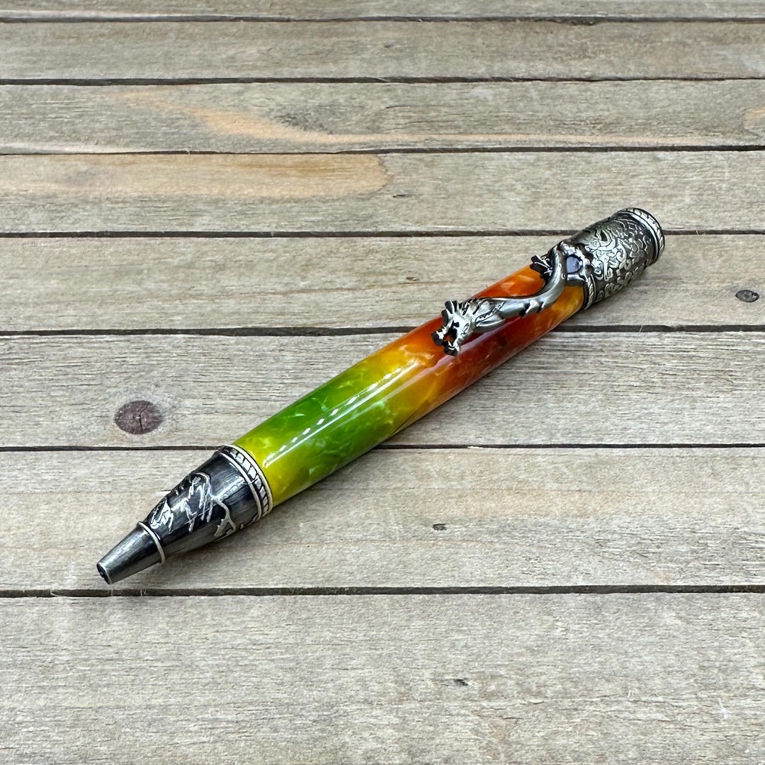 Antique Brass Dragon Ballpoint Twist Pen, Chinese Kunlun Mountains, Red ...