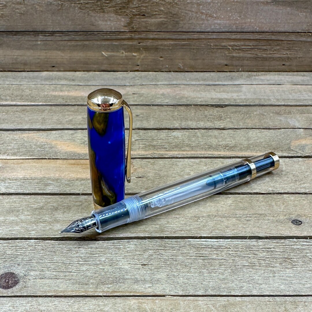 Blue and Gold Demonstrator Style Fountain Pen, Fountain Pen With ...
