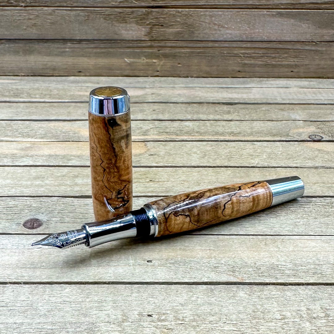 Large Spalted Curly Maple Fountain Pen in Chrome Silver, Handmade ...