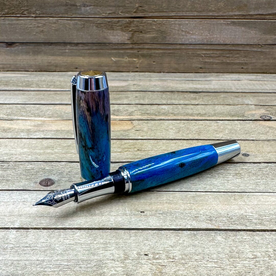 Blue and Purple Dyed Spalted Tamarind Fountain Pen in Silver, Handmade ...