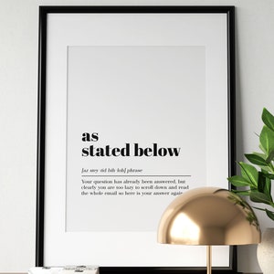 As Stated Below Definition Print, Funny Home Office Decor, Dictionary ...