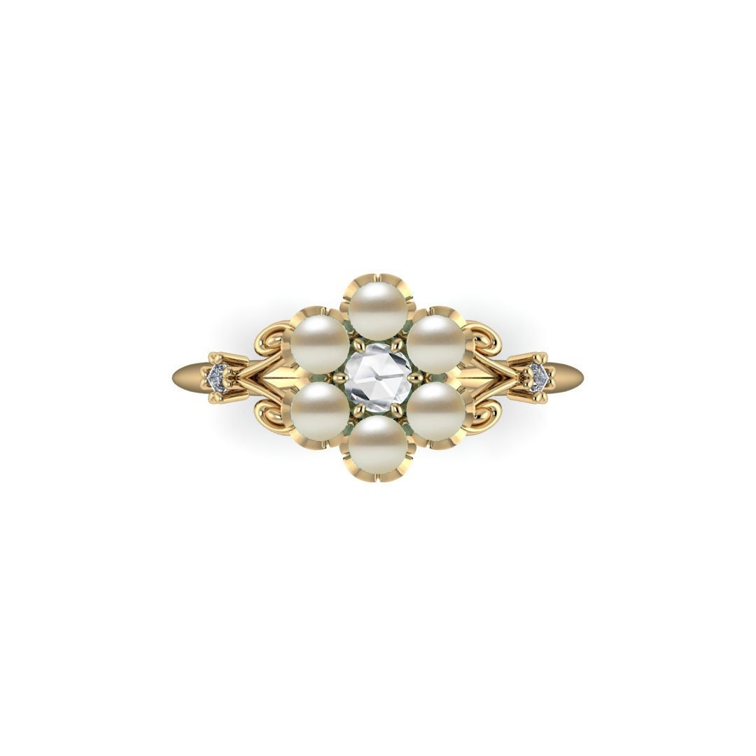 KATE: Regency Inspired Pearl & Rose Cut Diamond Engagement Ring | Pearl ...