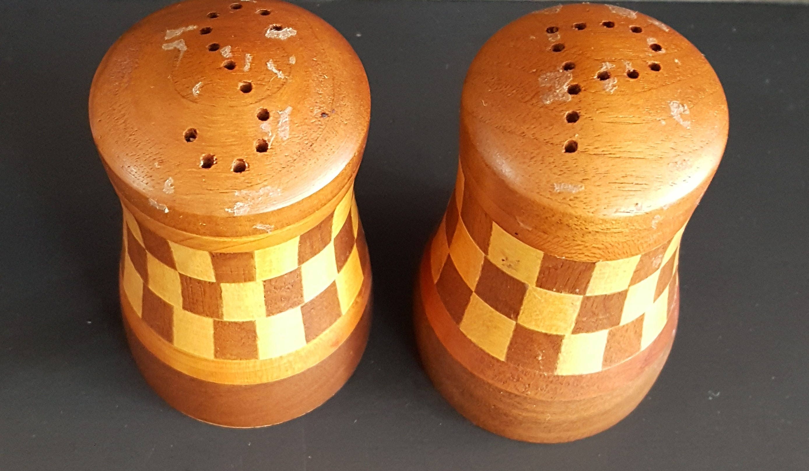 Vintage Handmade Wood Inlay Salt & Pepper Shakers Checkers Design ... Vintage Handmade Wood Inlay Salt & Pepper Shakers Checkers Design ...