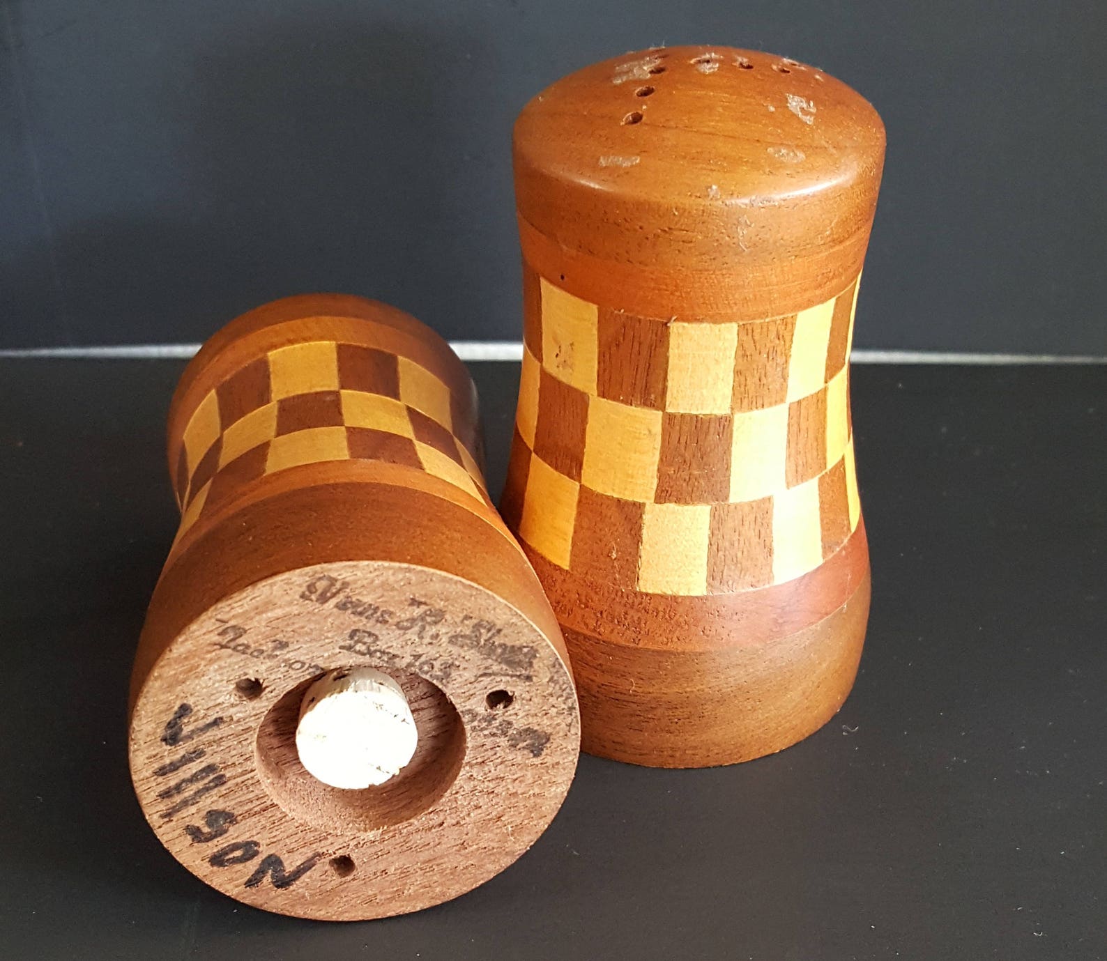 Vintage Handmade Wood Inlay Salt & Pepper Shakers Checkers Design ... Vintage Handmade Wood Inlay Salt & Pepper Shakers Checkers Design ...