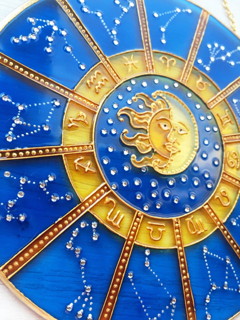 Suncatcher for Window Cobalt Blue Zodiac Sign Celestial Hanging ...