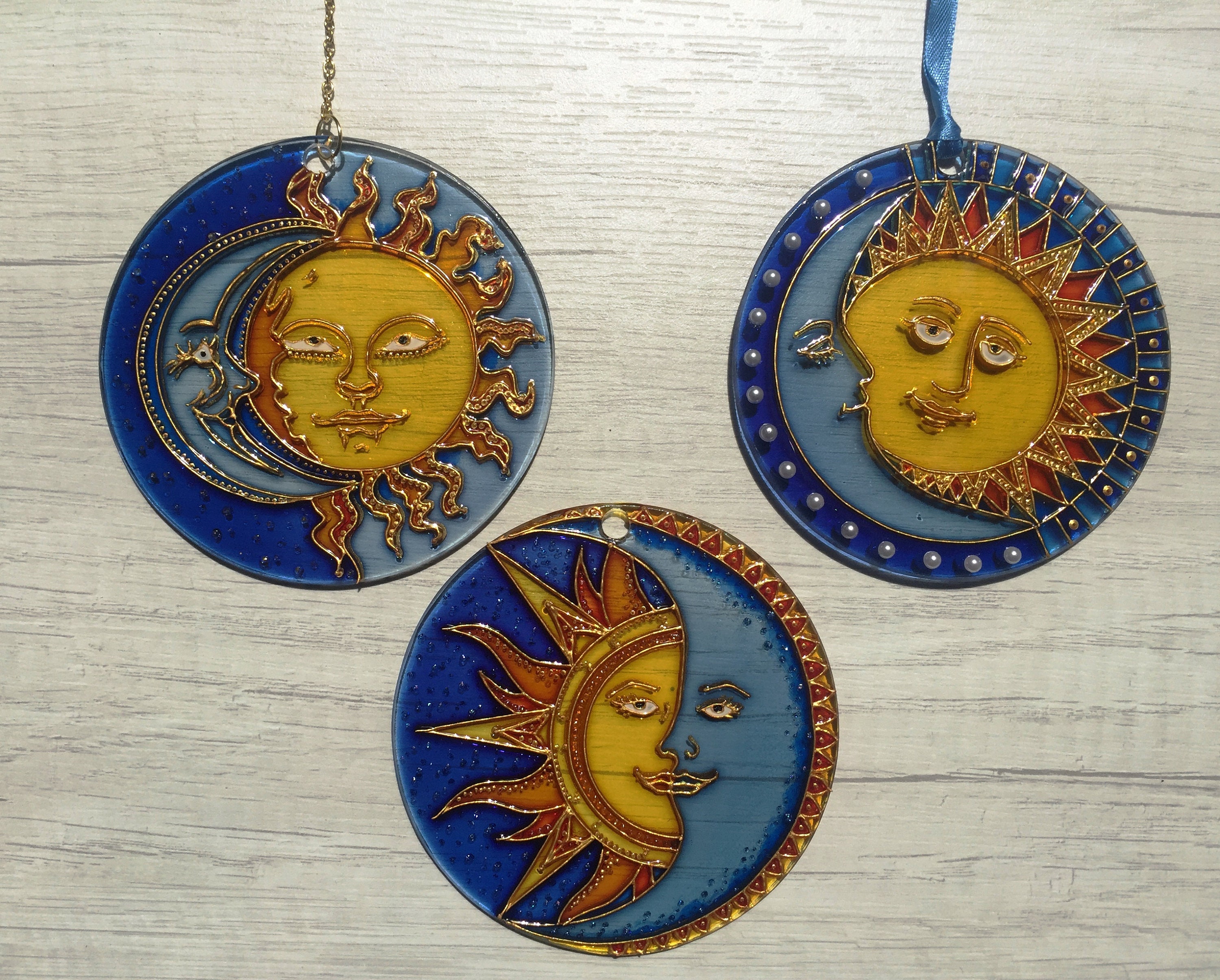 Suncatcher for Window Sun Moon Celestial Stained Glass Painting Hanging ...