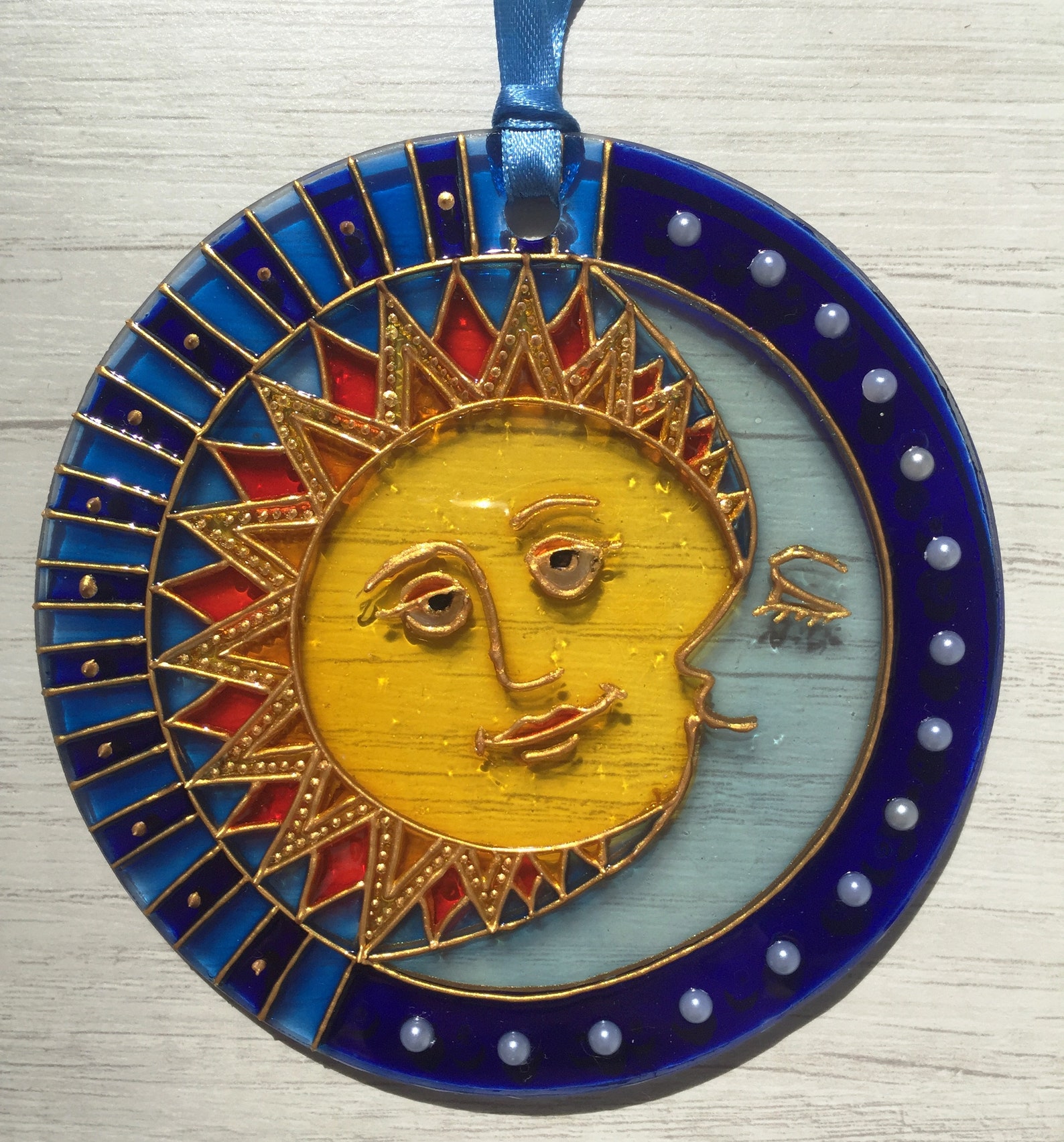Suncatcher for window Sun Moon Celestial Stained Glass | Etsy