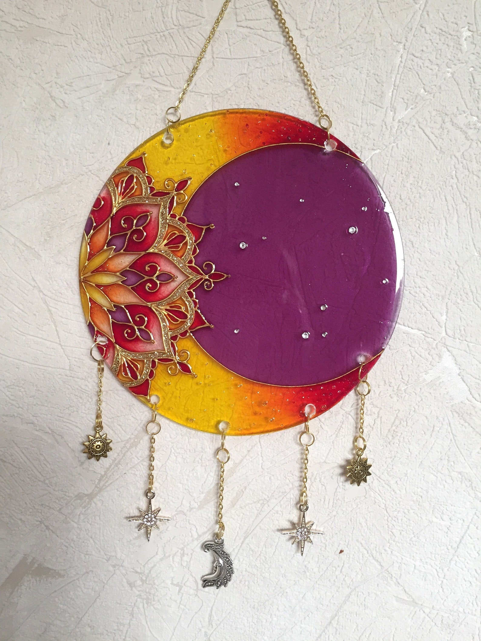 Indie room decor Moon Mandala Sacred geometry Stained glass | Etsy