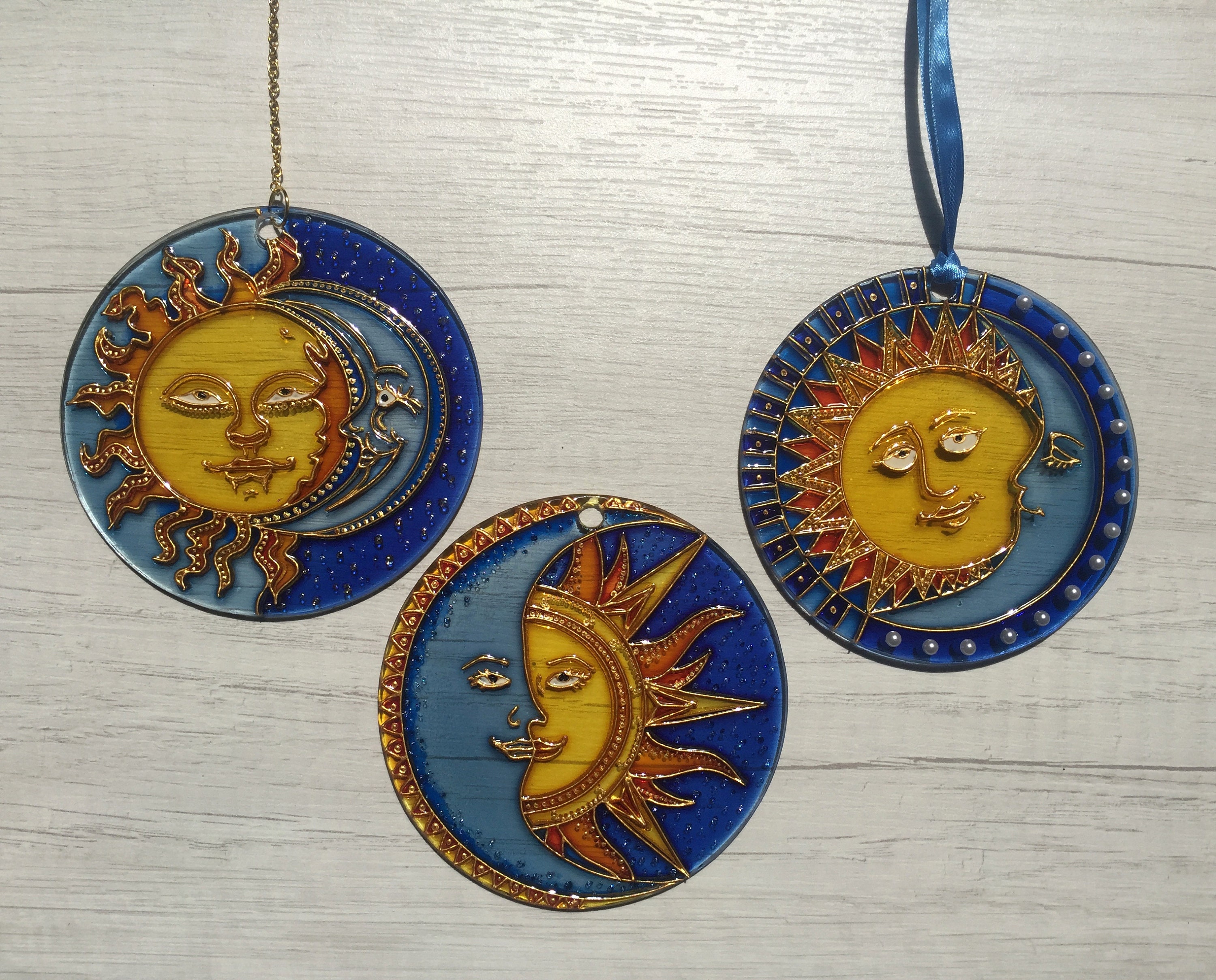 Suncatcher for Window Sun Moon Celestial Stained Glass Painting Hanging ...