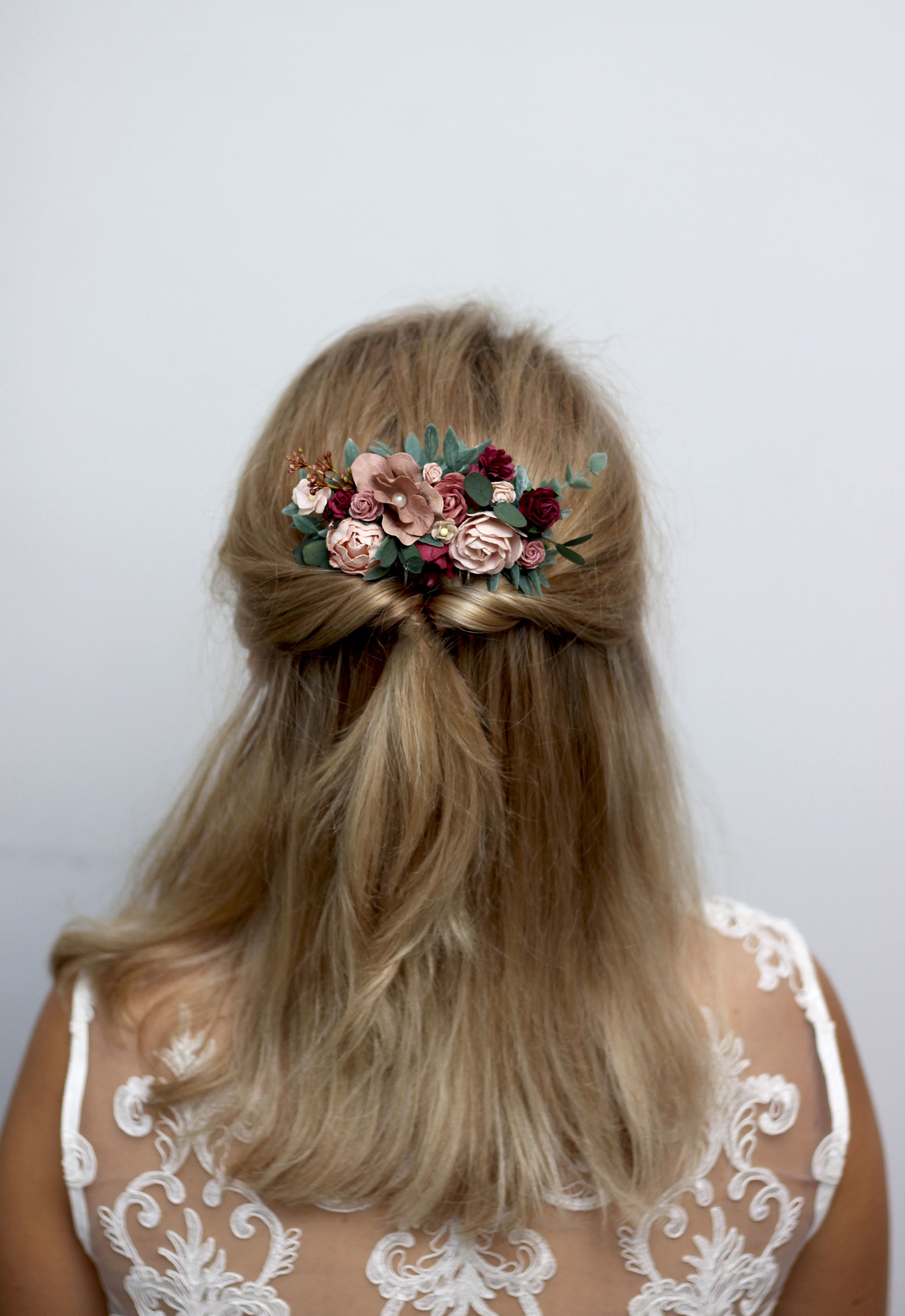 Burgundy Dusty Rose Blush Pink Flower Comb Eucalyptus Floral Headpiece ...