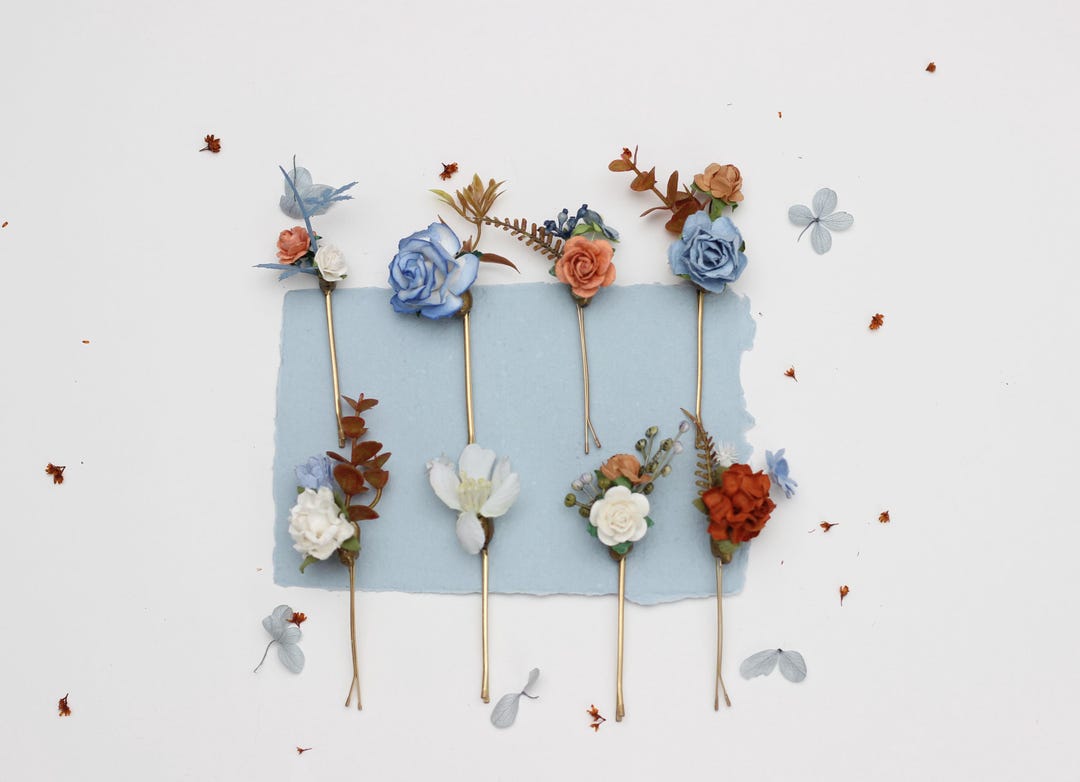 Terracotta Dusty Blue White Bobby Pins Flower Hair Pins Floral ...