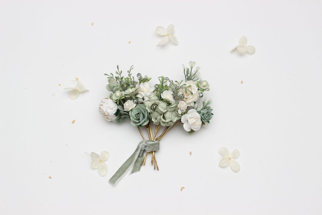 Sage Green White Ivory Hair Pins Pastel Floral Bobby Pins Bridesmaid ...