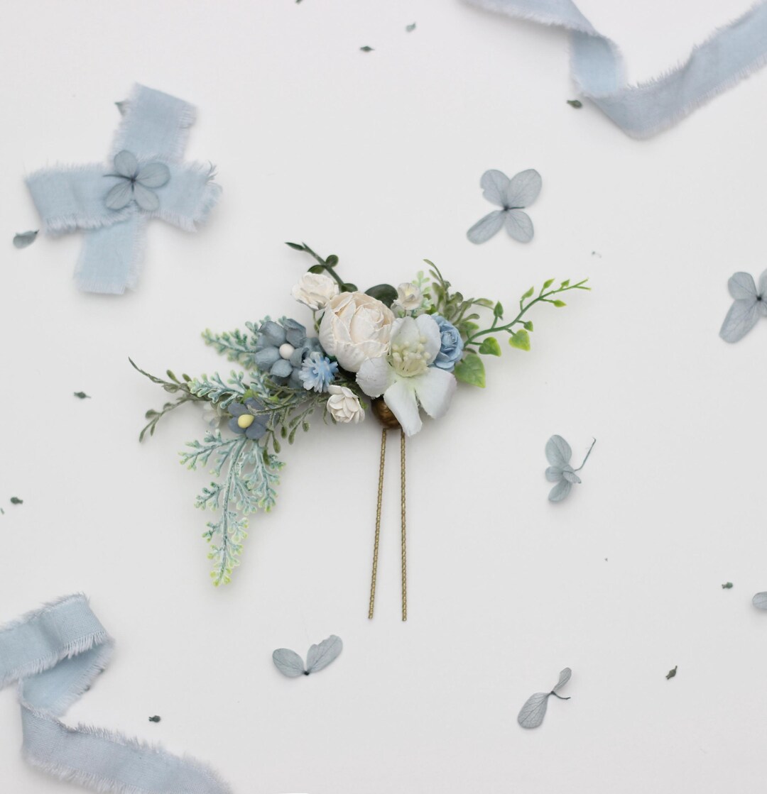 Dusty Blue White Hair Pin Flower Hair Pin Floral Headpiece Bridal