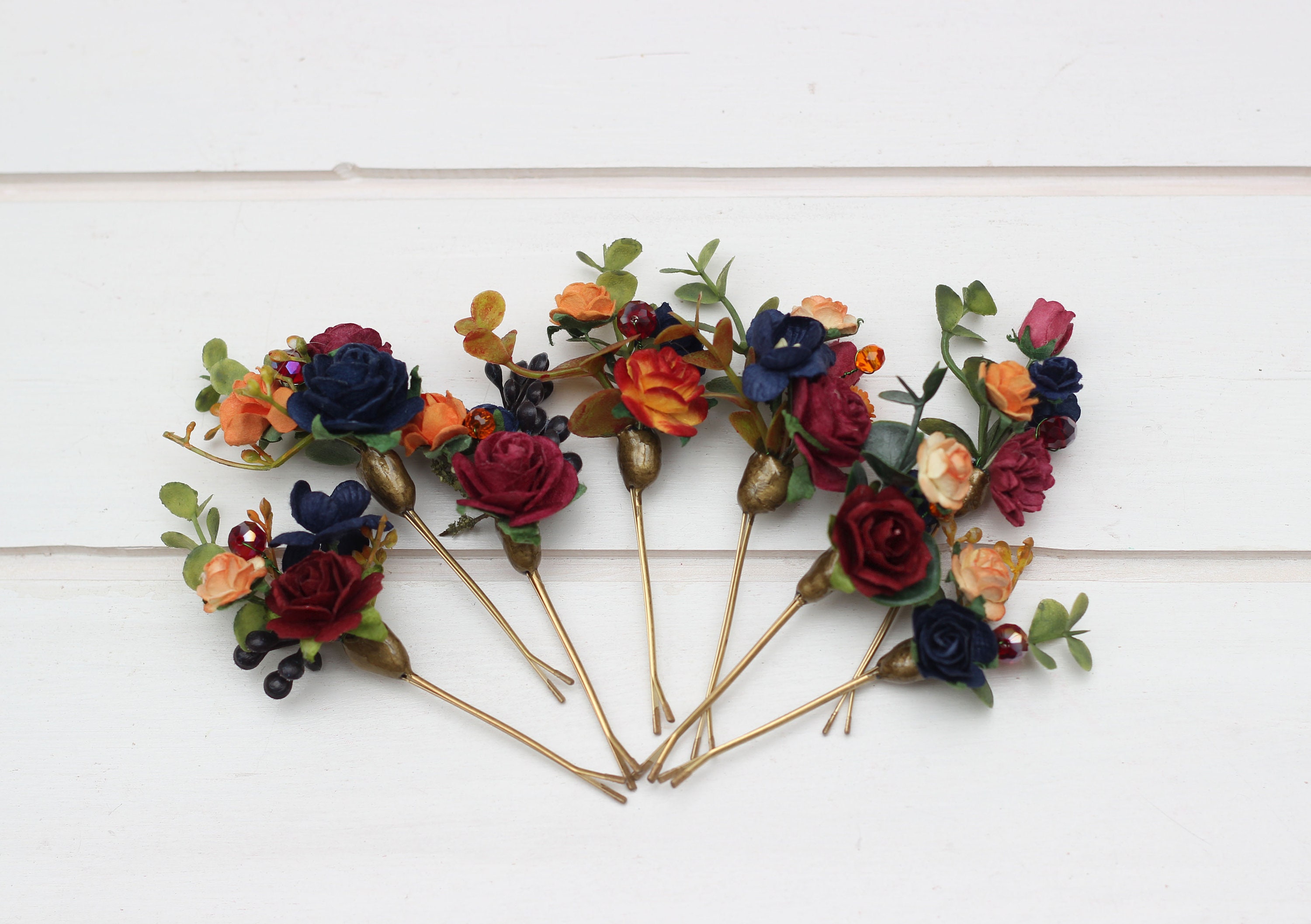 Set of 8 Bobby Pins Burgundy Navy Blue Rust Hair Flowers Classic ...