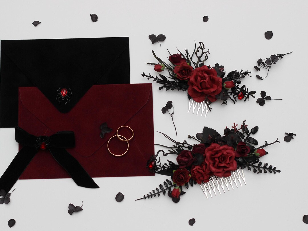 Black Red and Burgundy With Spider Bead Flower Comb Gothic Bridal ...