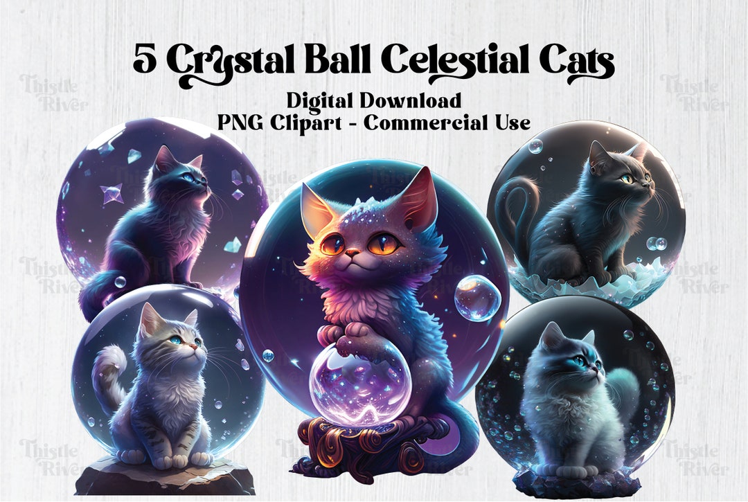 Crystal Ball Celestial Cat Clipart, Bundle, Cartoon Cat Style ...