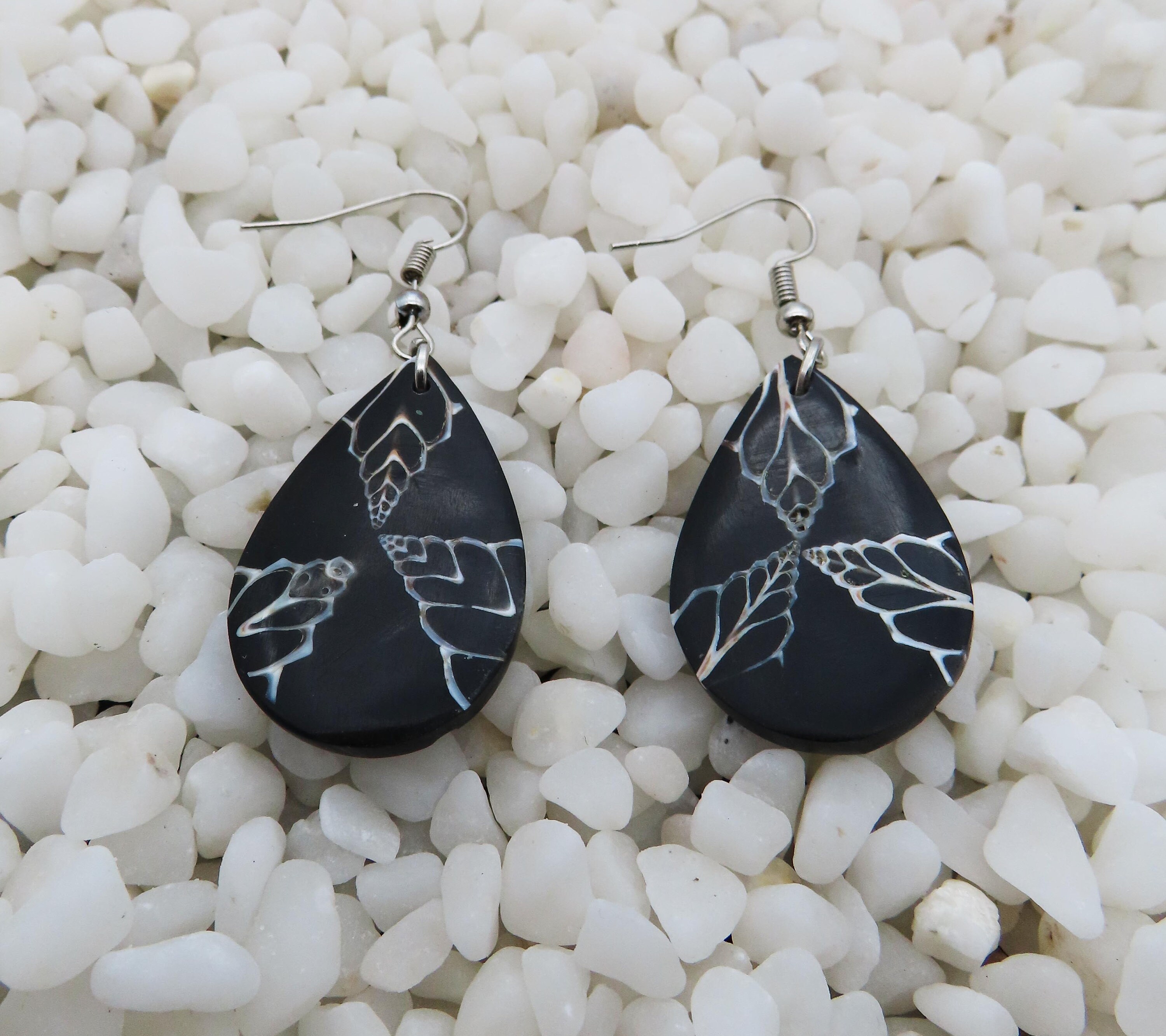 Black Cone Shell Cross Section Resin Teardrop Earrings, Sterling Silver ...
