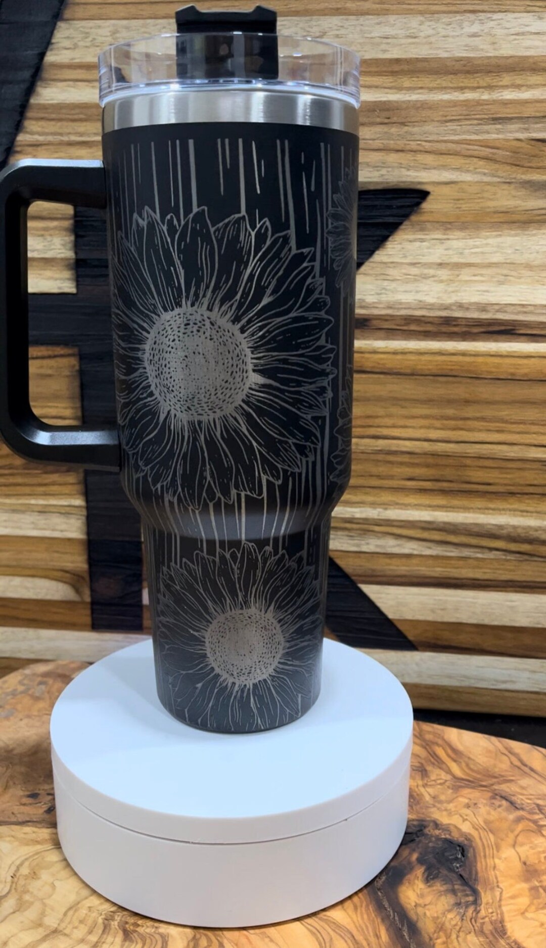 Black Stanley Style Engraved Sunflower/wood Grained Stanley - Etsy