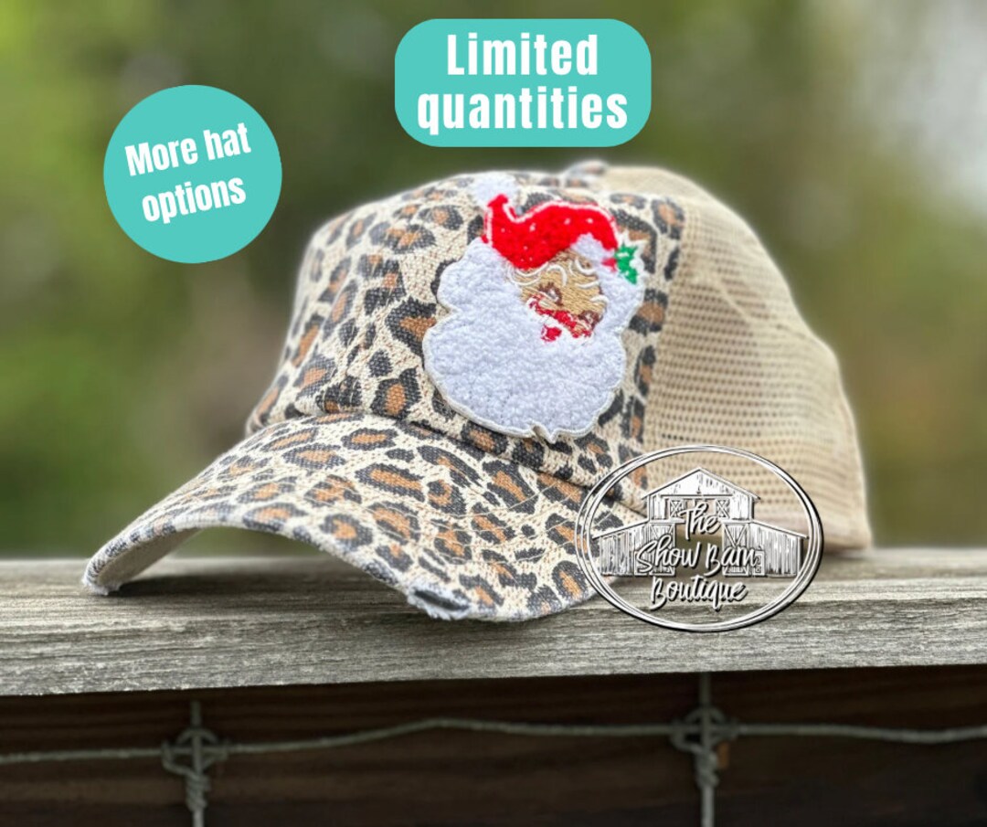 Santa Leopard Print Trucker Hat, Chenille Santa Clause Hat Patch ...