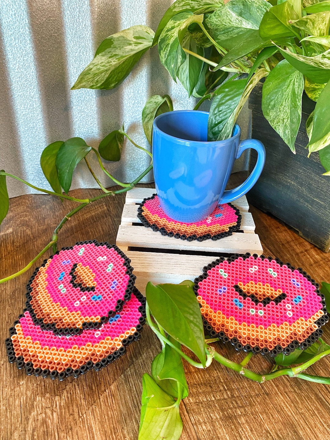Frosted Donut Pixel Art Coasters Set of 4 | Pink Donut Pixel Coasters ...
