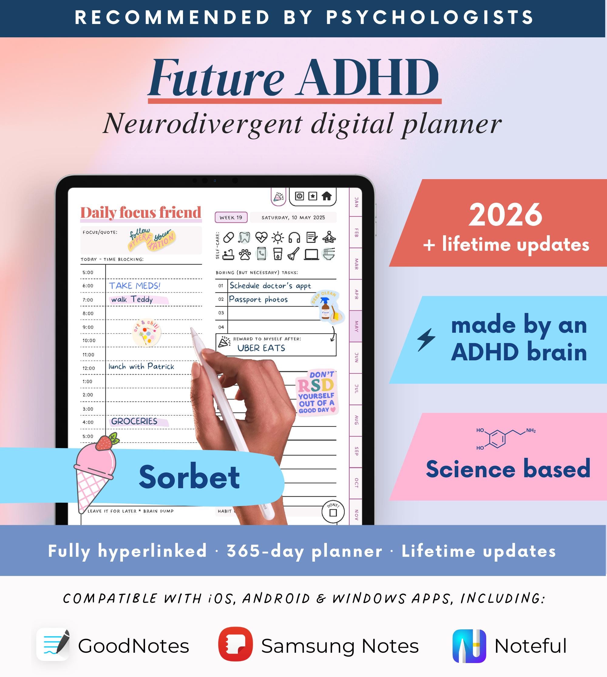 2026 ADHD Digital Planner (sorbet): Habit and Self-care Tracker ...
