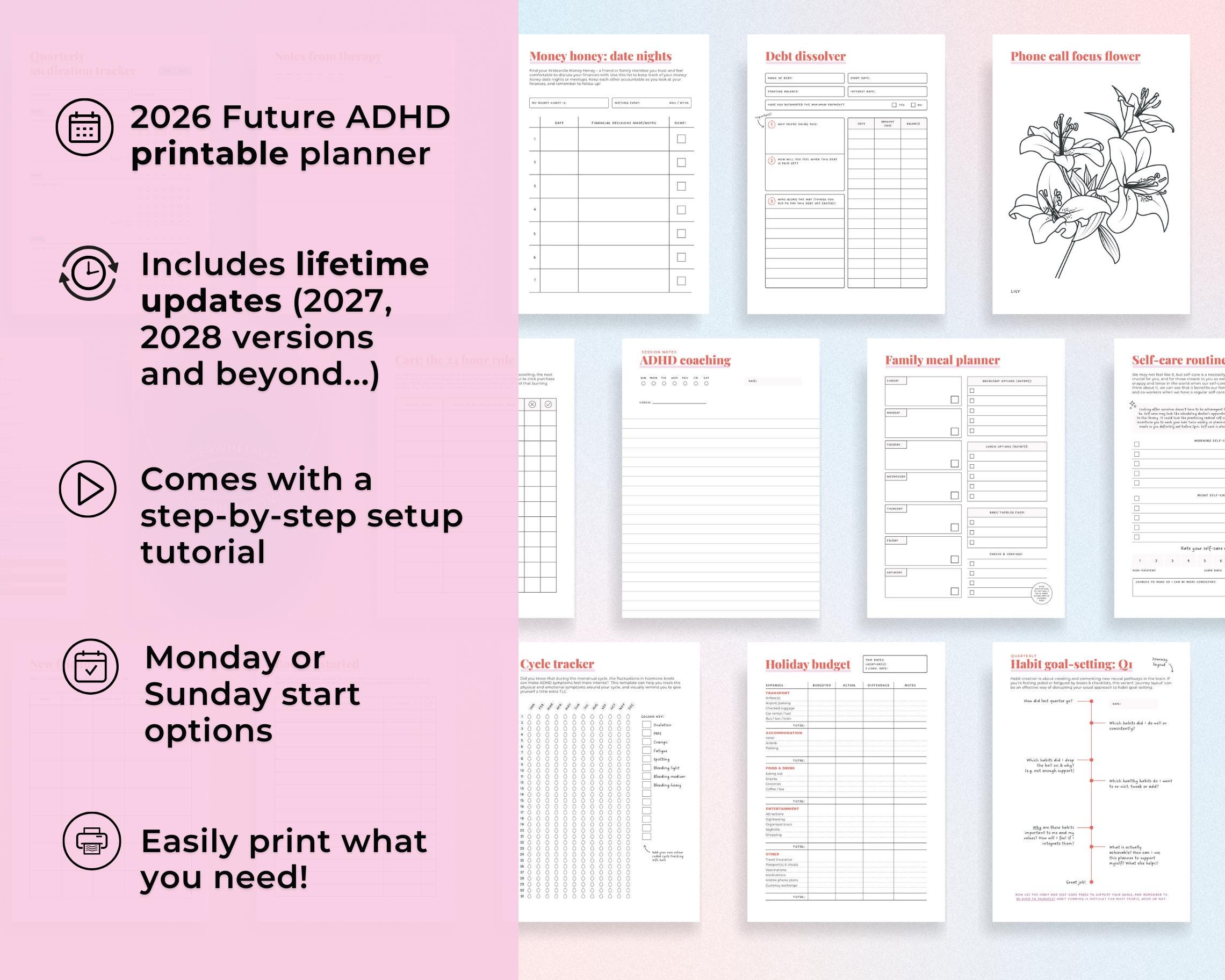 2026 ADHD Printable Planner (sorbet) Daily Focus, Habit Tracker (PDF ...