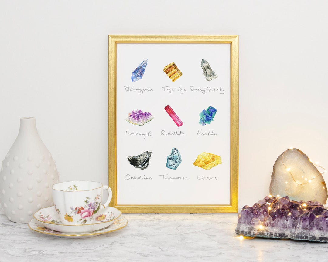 Crystal Mineral Art, Watercolor, Gemstone, Illustration, Home Decor ...
