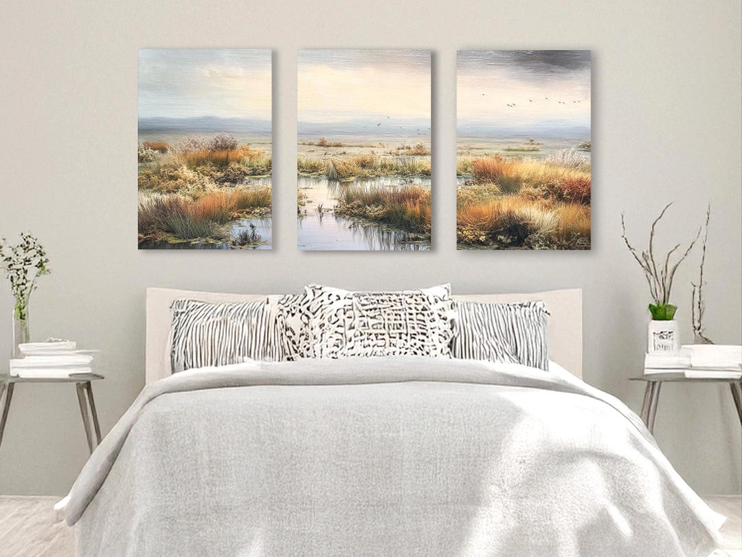 Moody Landscape Triptych Wall Art | Vintage Style River Oil Painting on ...