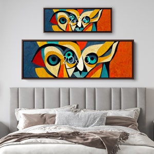 Modern Owl Art, Cubist Oil Painting on Canvas by Mela Large Panoramic ...
