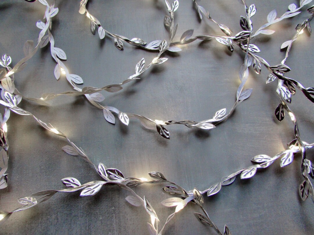 Silver Leaf Fairy Lights, Mini Metallic Fabric String Lights, Christmas ...