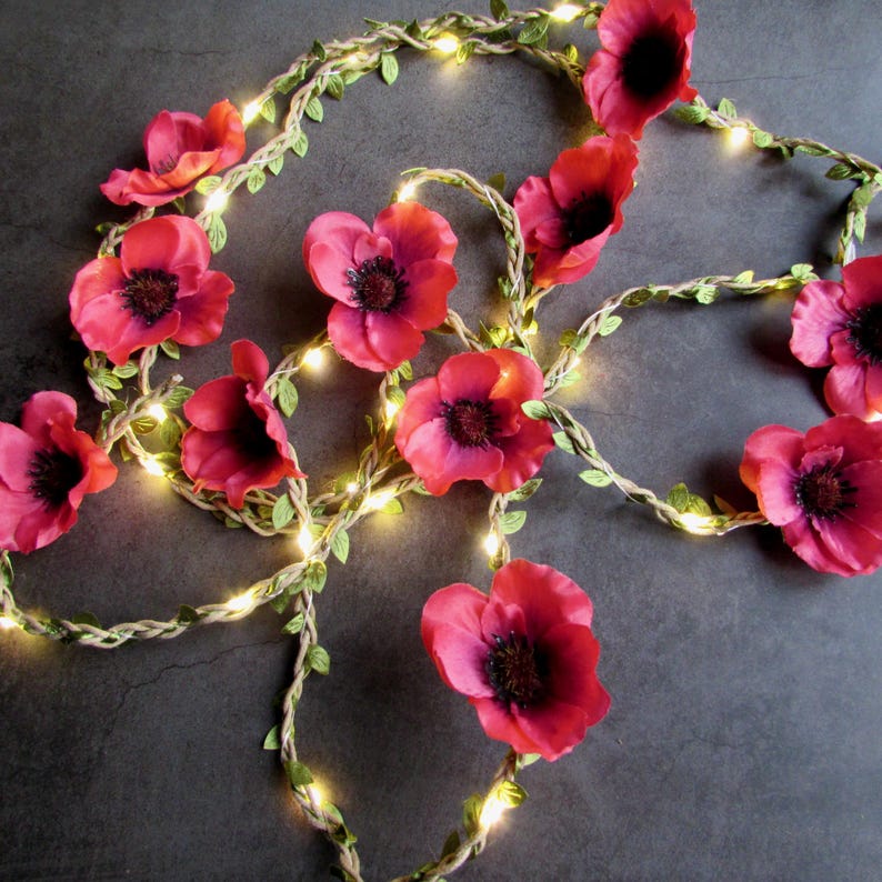 Red Poppy Flower Fairy Lights. Boho Floral String Lights Garland ...