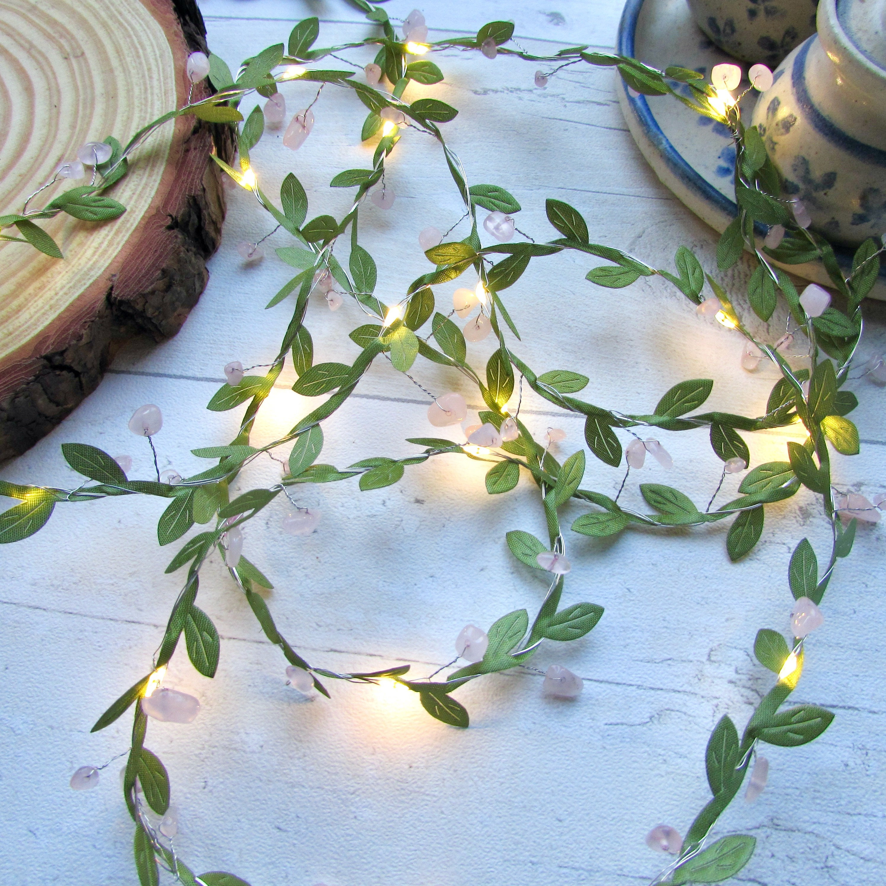 Rose Quartz & Olive Leaf Vine Fairy Lights. Battery LED Gemstone String ...