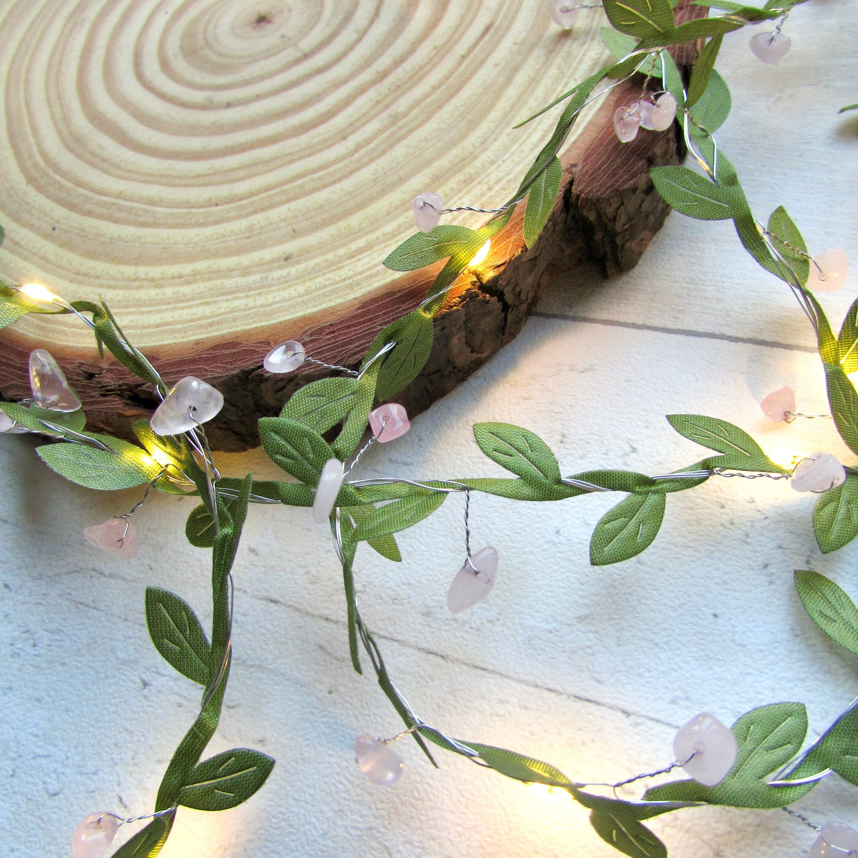 Rose Quartz & Olive Leaf Vine Fairy Lights. Battery LED Gemstone String ...