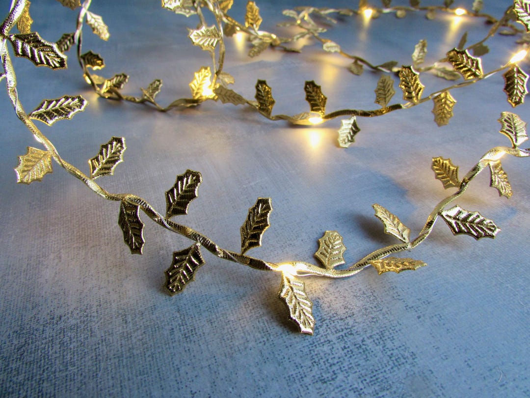Gold Holly Fairy Lights. Mini Leaf String Lights Decoration. Holiday ...