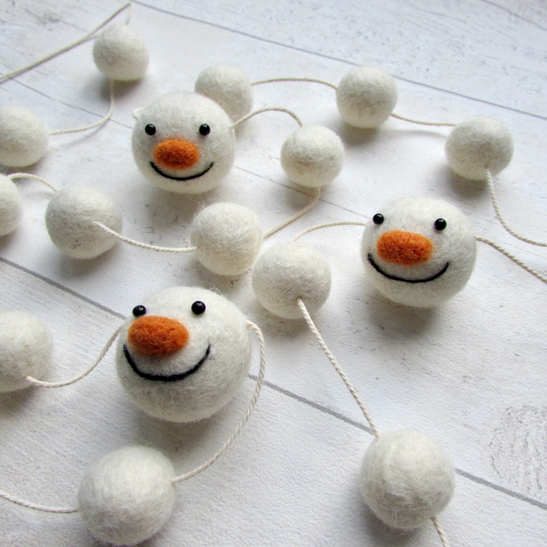 Christmas Snowman Garland and Snowman Bauble Tree Ornaments. Wool Felt ...