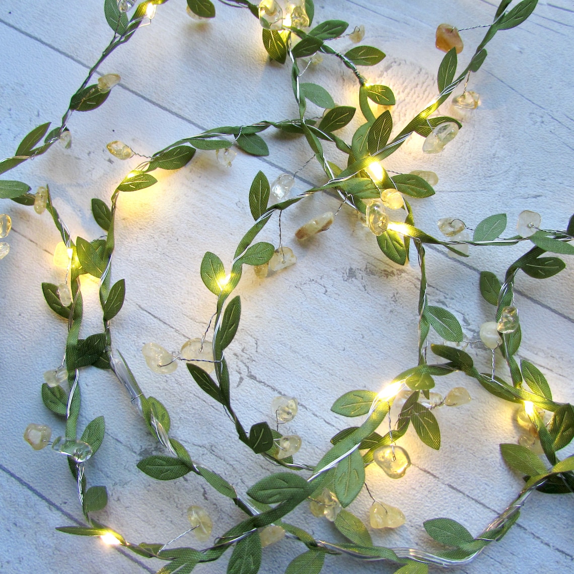 Citrine & Olive Leaf Vine Fairy Lights. Battery LED Gemstone String ...