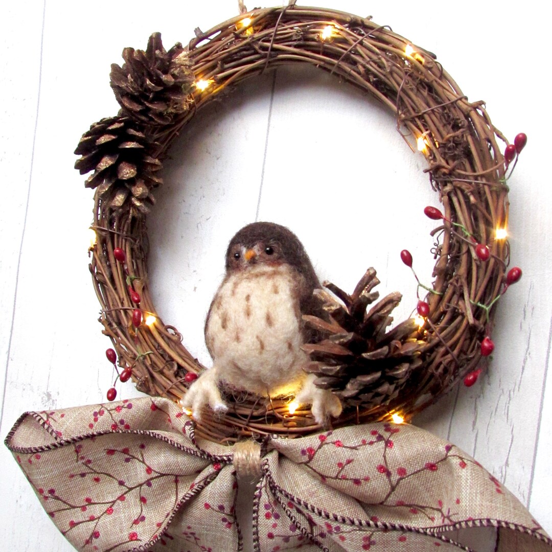 Rustic Autumn Wreath With Tawny Owl, Lights, Woodland Decor, Grapevine ...