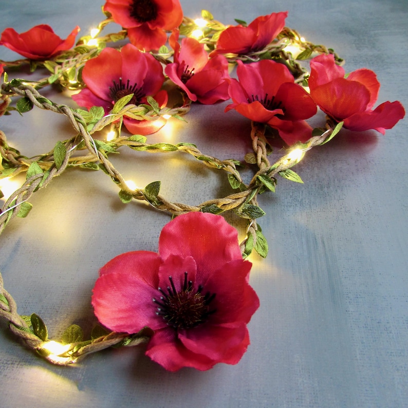 Red Poppy Flower Fairy Lights. Boho Floral String Lights Garland ...