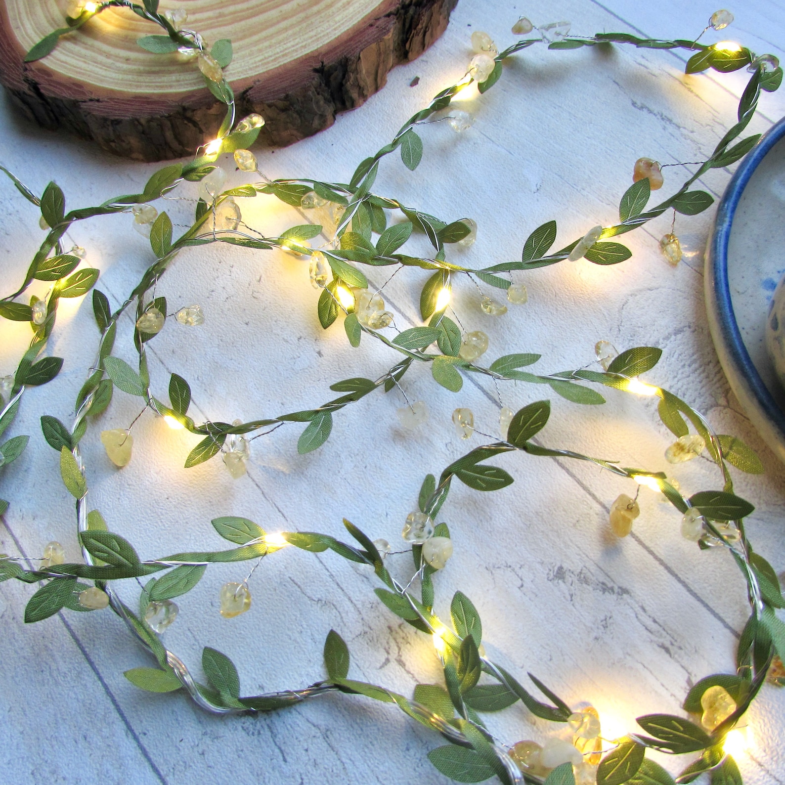 Citrine & Olive Leaf Vine Fairy Lights. Battery LED Gemstone String ...
