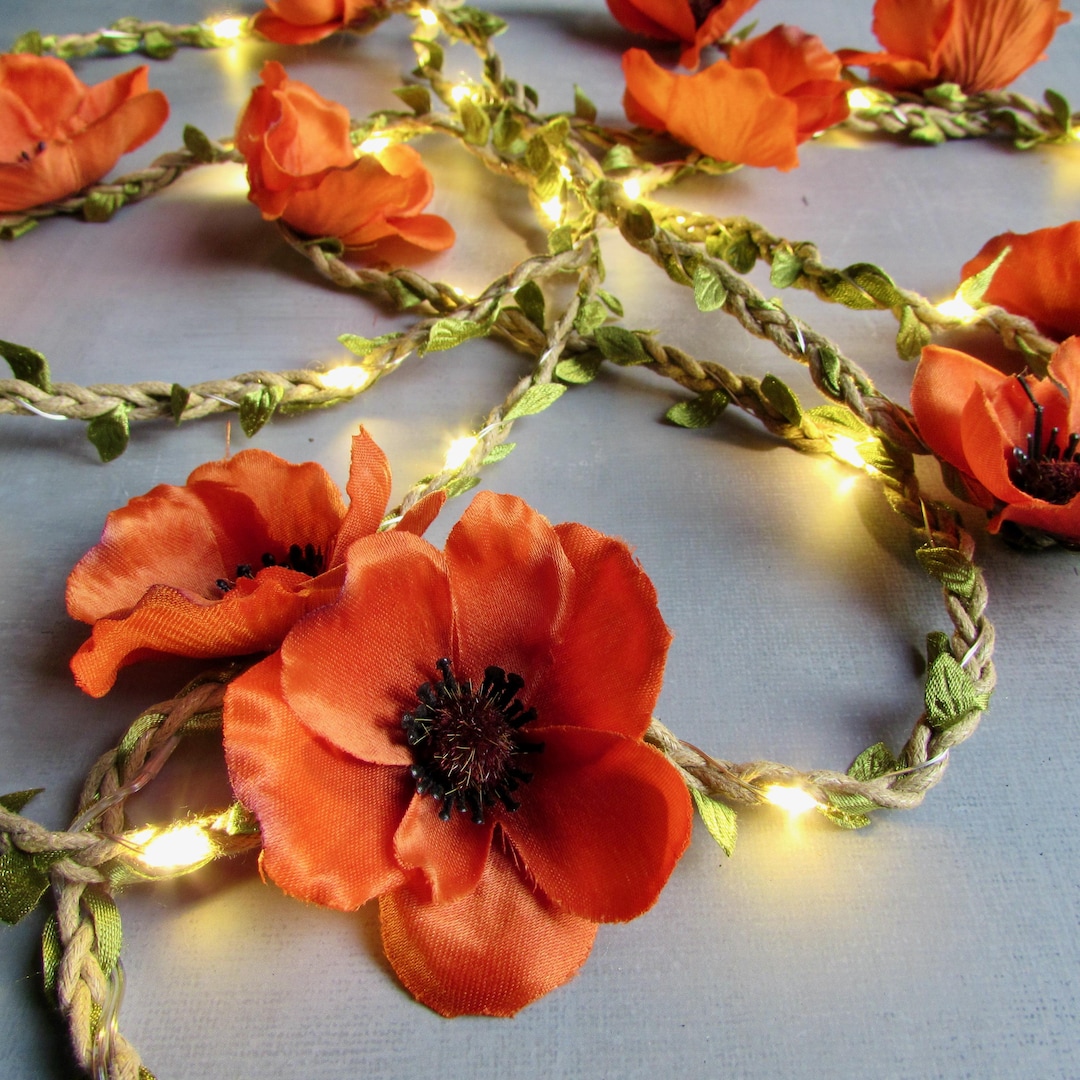 Orange Poppy Flower Fairy Lights. Boho Floral String Lights Garland, Easter Dining, Wedding ...