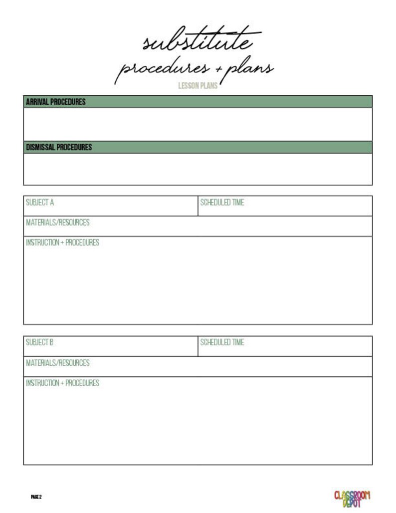 Substitute Lesson Plans and Procedure Printable Instant Download PDF ...