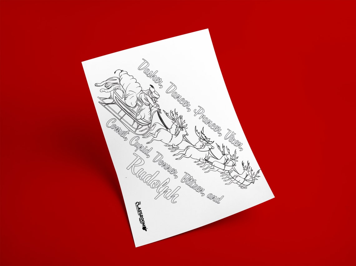 Santa and His Reindeer Christmas Holiday Coloring Sheet Illustration - Etsy